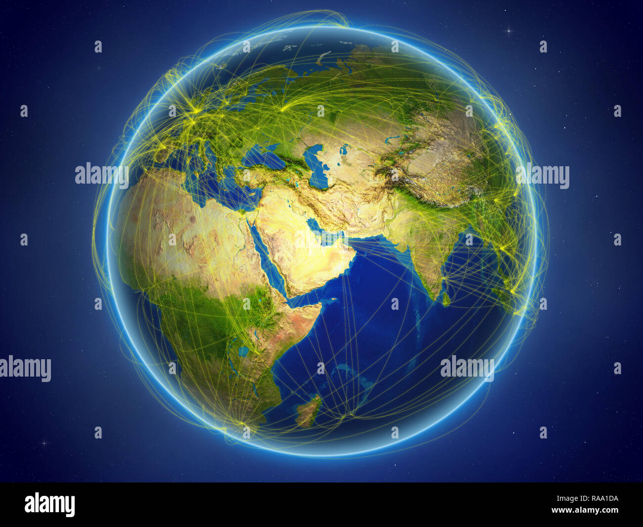 Qatar from space on planet Earth with digital network representing ...