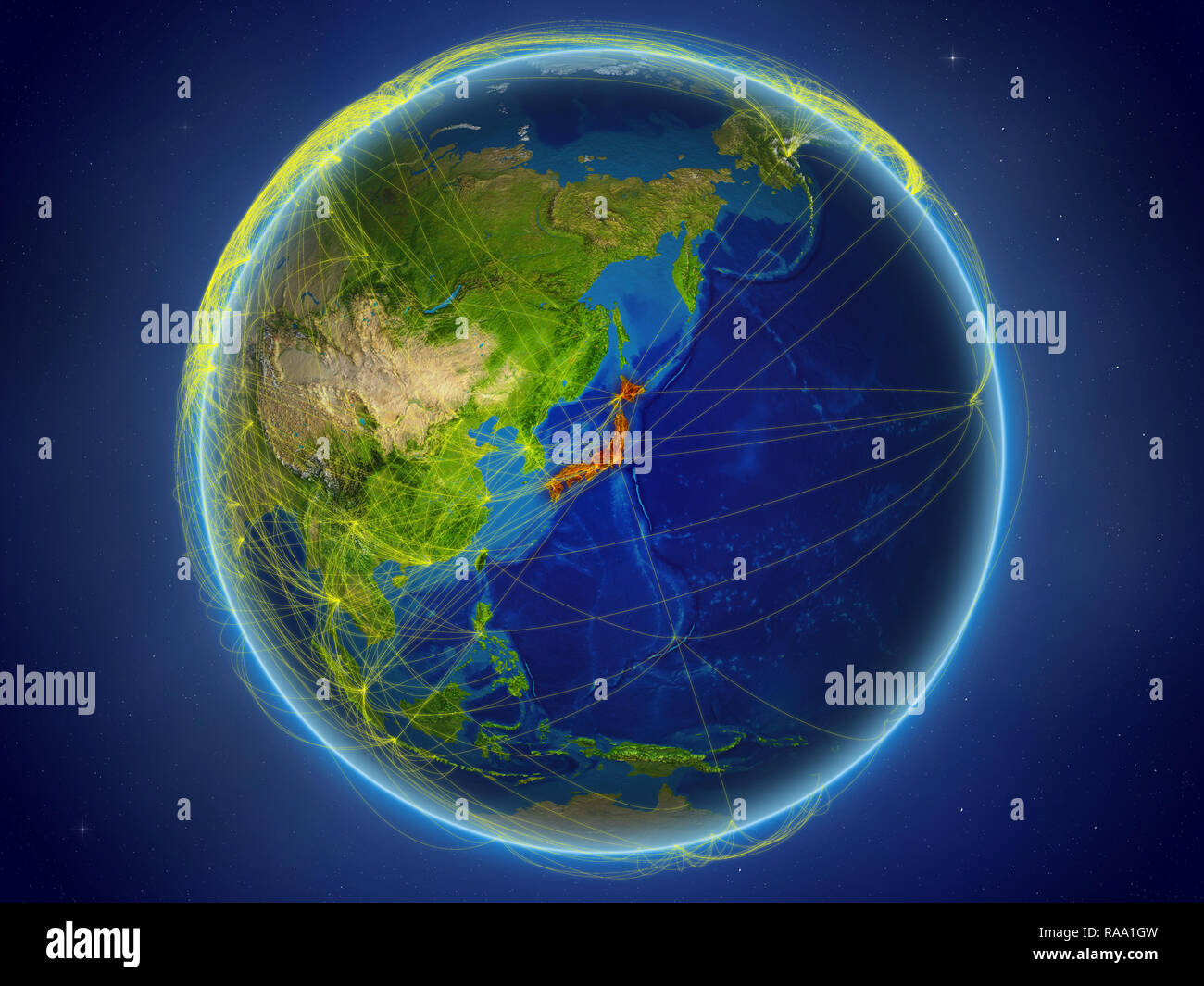 Japan from space on planet Earth with digital network representing ...