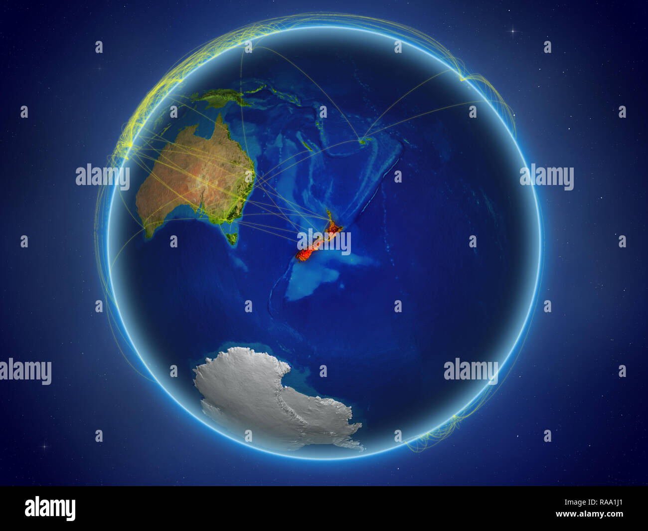 New Zealand from space on planet Earth with digital network ...