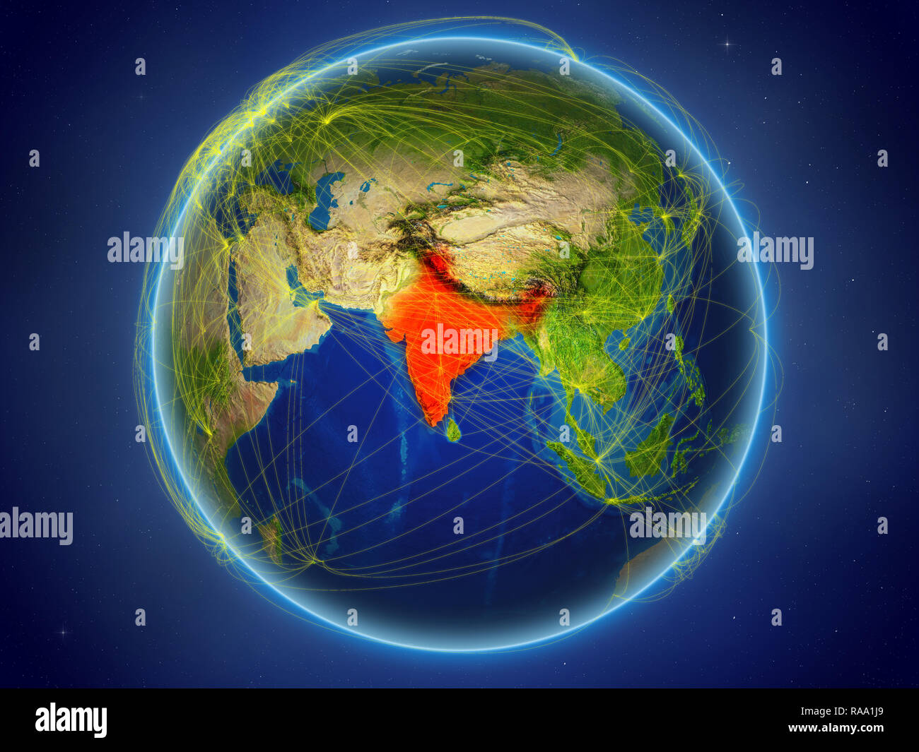 India from space on planet Earth with digital network representing ...