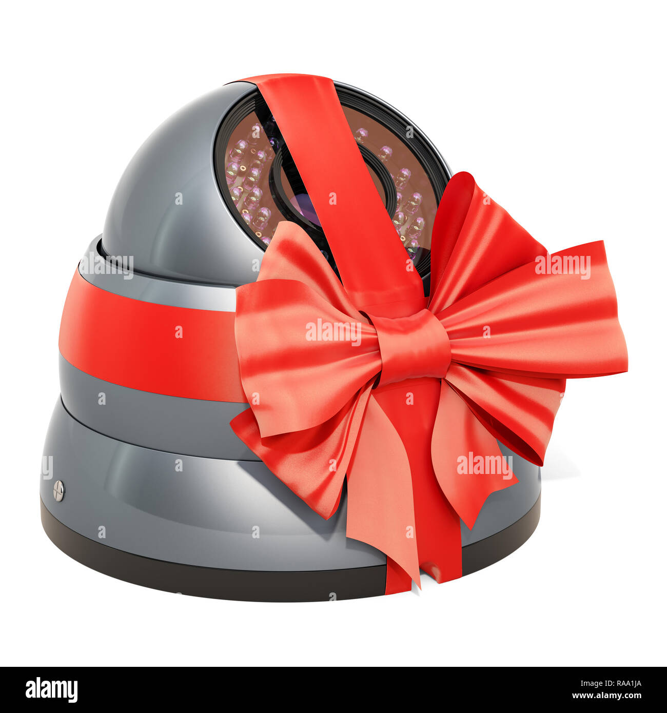 Dome security camera with bow and ribbon, gift concept. 3D rendering ...