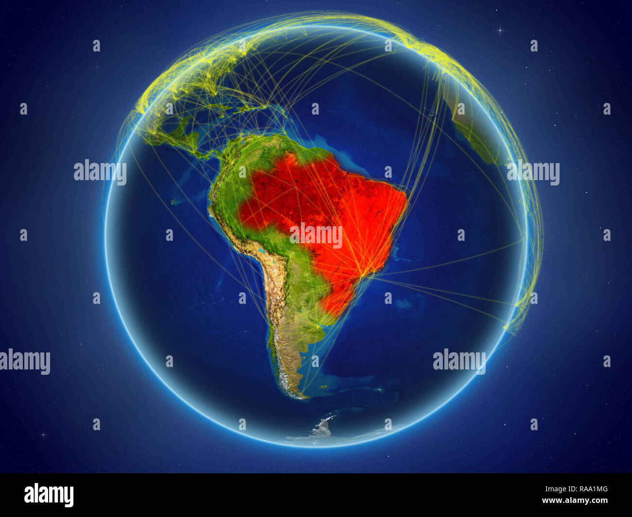 Brazil from space on planet Earth with digital network representing ...