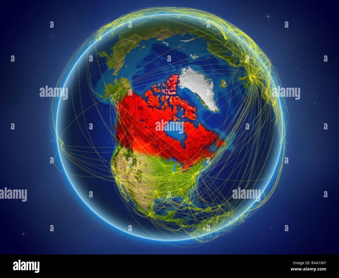 Canada from space on planet Earth with digital network representing ...