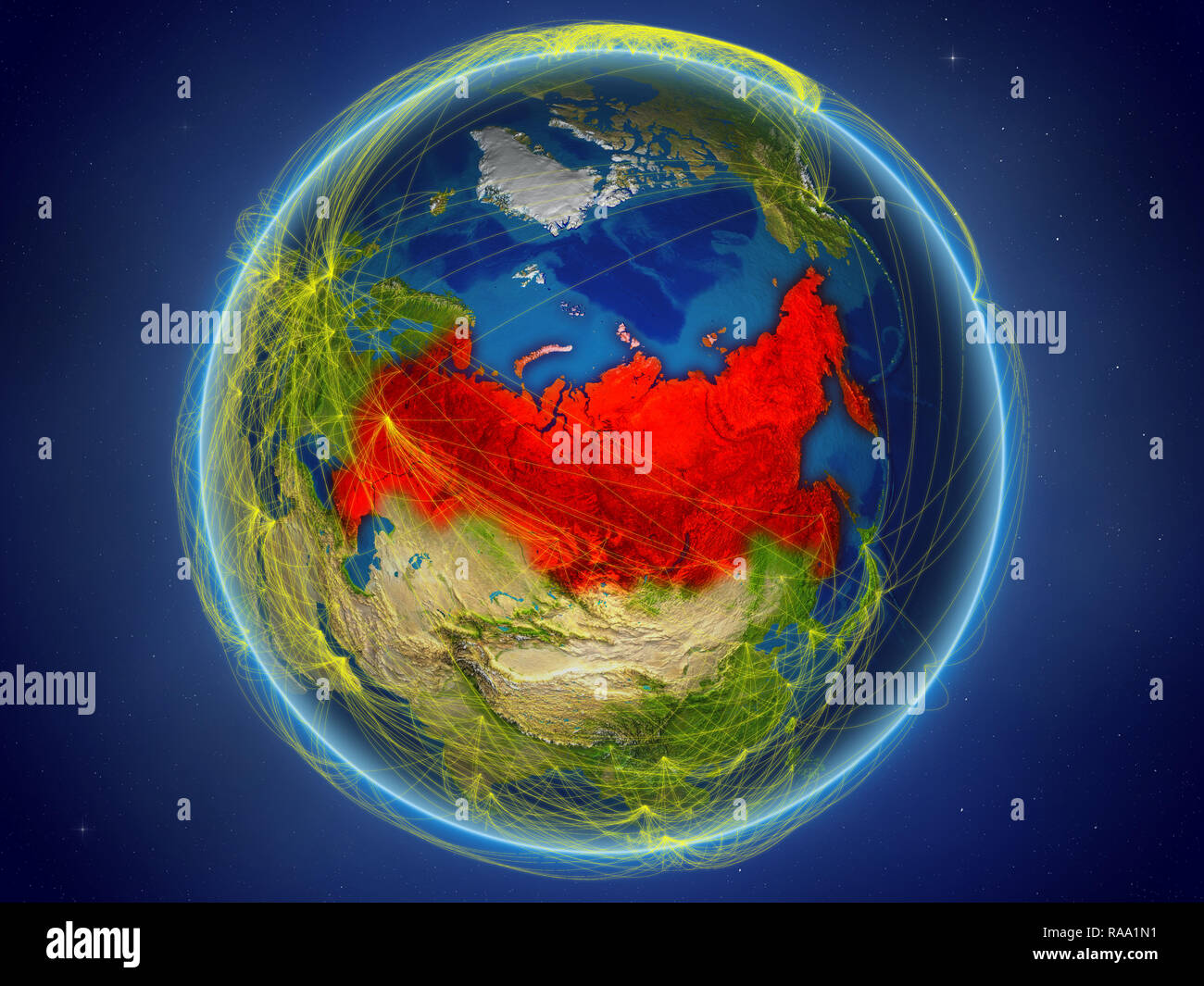 Russia from space on planet Earth with digital network representing ...