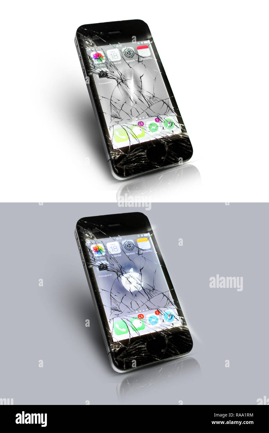 Iphone 4 cracked glowing display and logo apple, warning signs, check ...