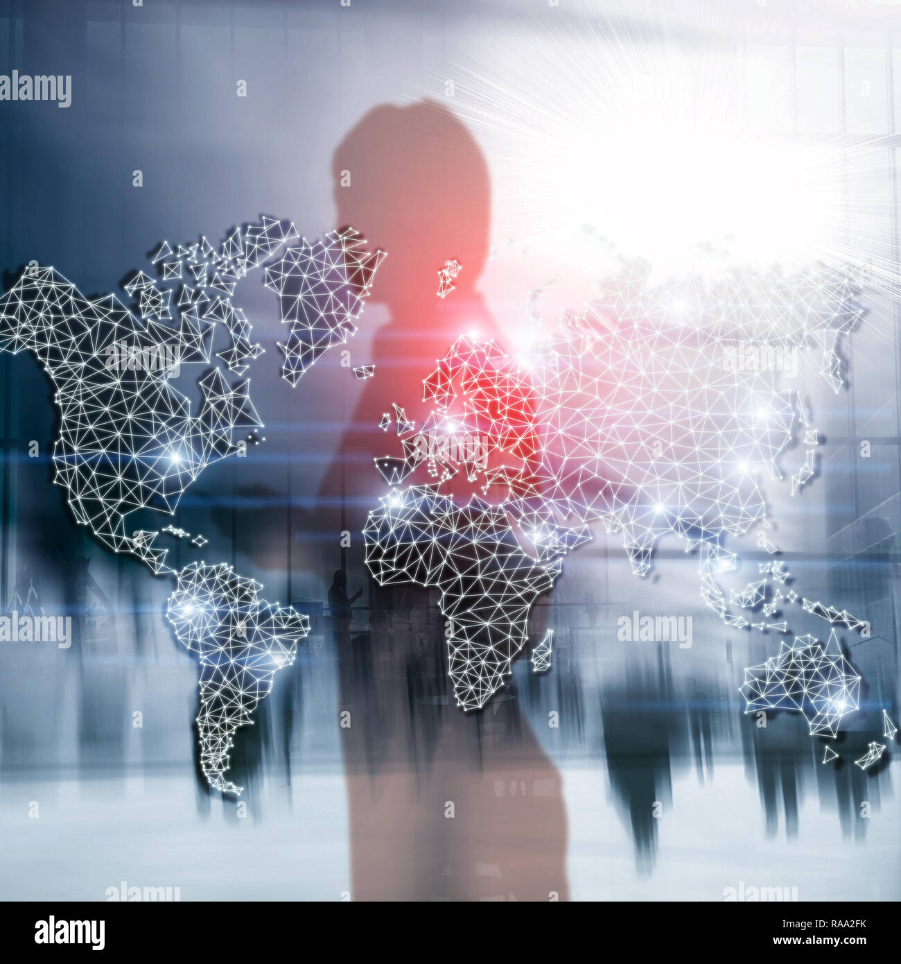 Global World Map Double Exposure Network. Telecommunication ...