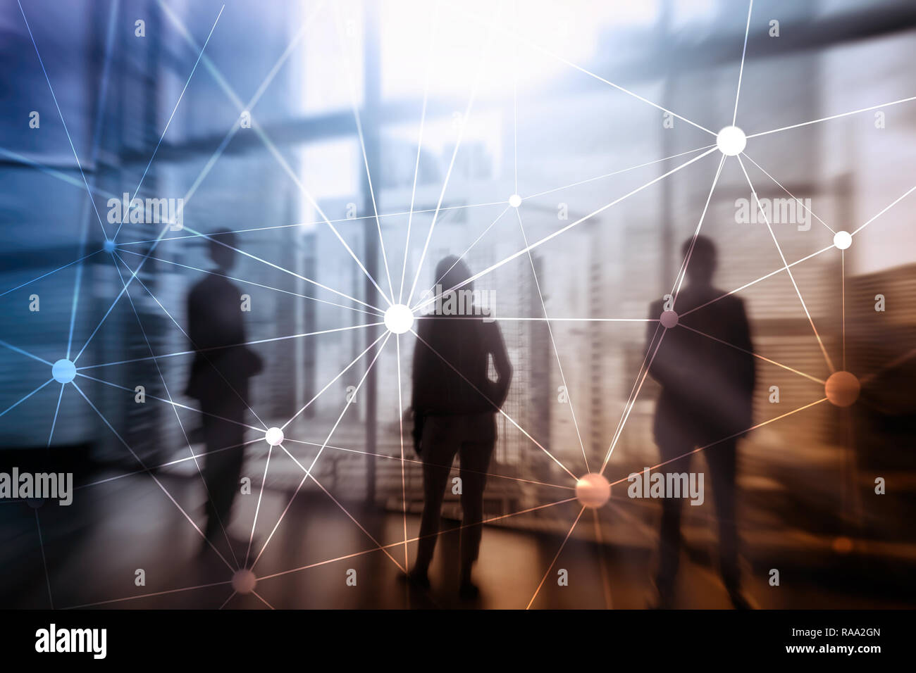 Blockchain network on blurred skyscrapers background. Financial ...