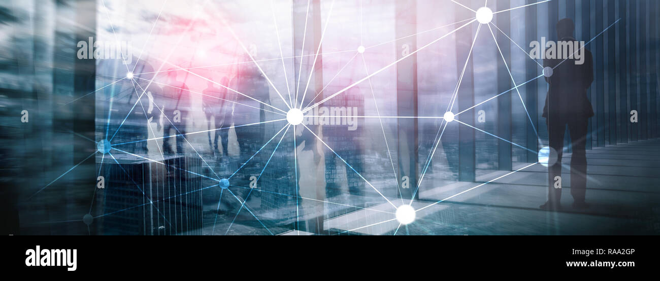 Blockchain network on blurred skyscrapers background. Financial ...