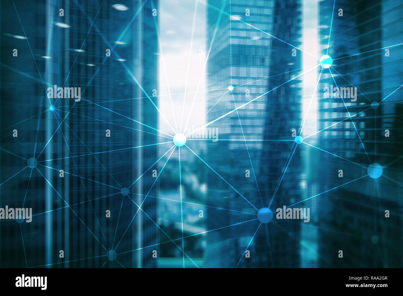 Blockchain network on blurred skyscrapers background. Financial ...