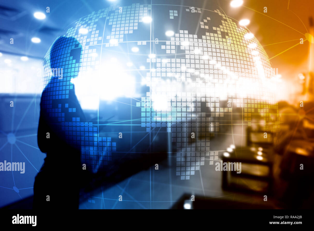 3D Earth hologram on blurred background.Global business and ...