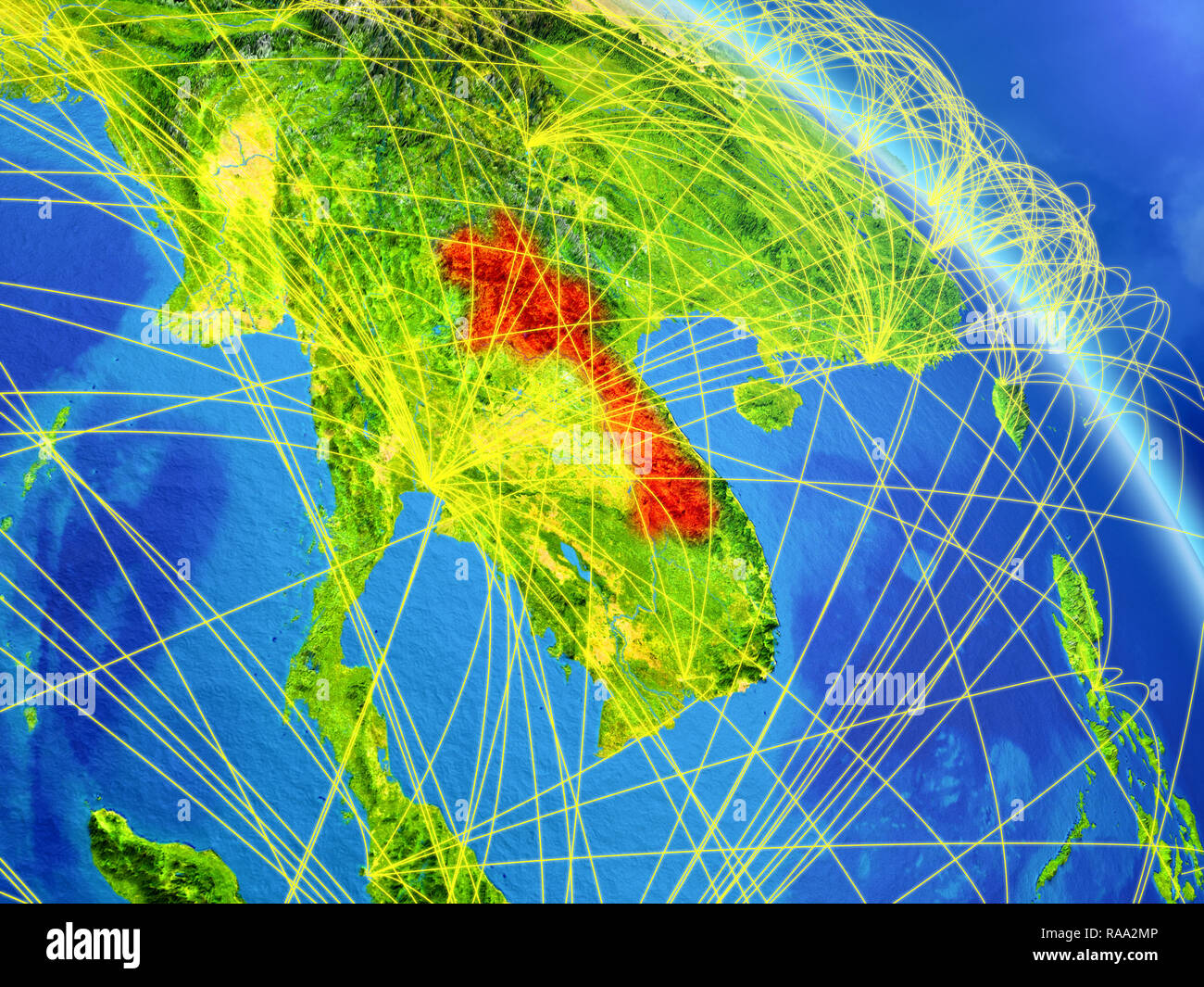 Laos from space on model of planet Earth with network. Concept of ...