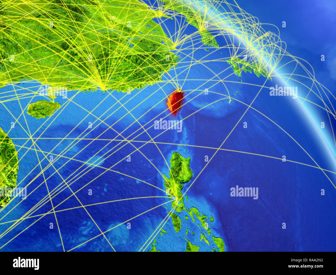Taiwan from space on model of planet Earth with network. Concept of ...