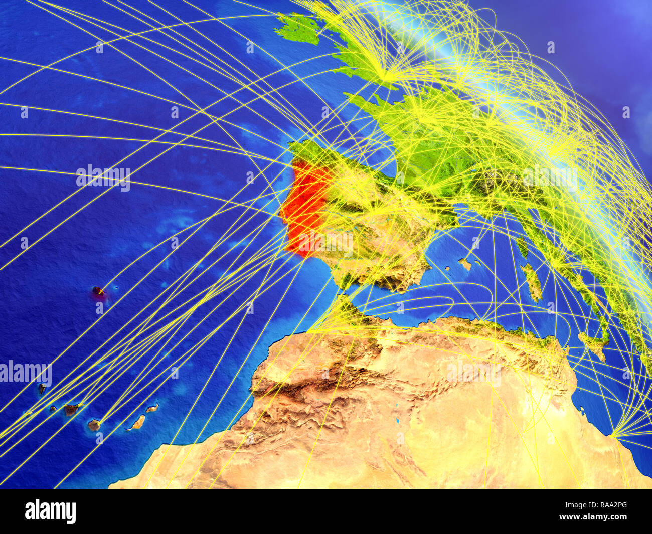 Portugal from space on model of planet Earth with network. Concept of ...