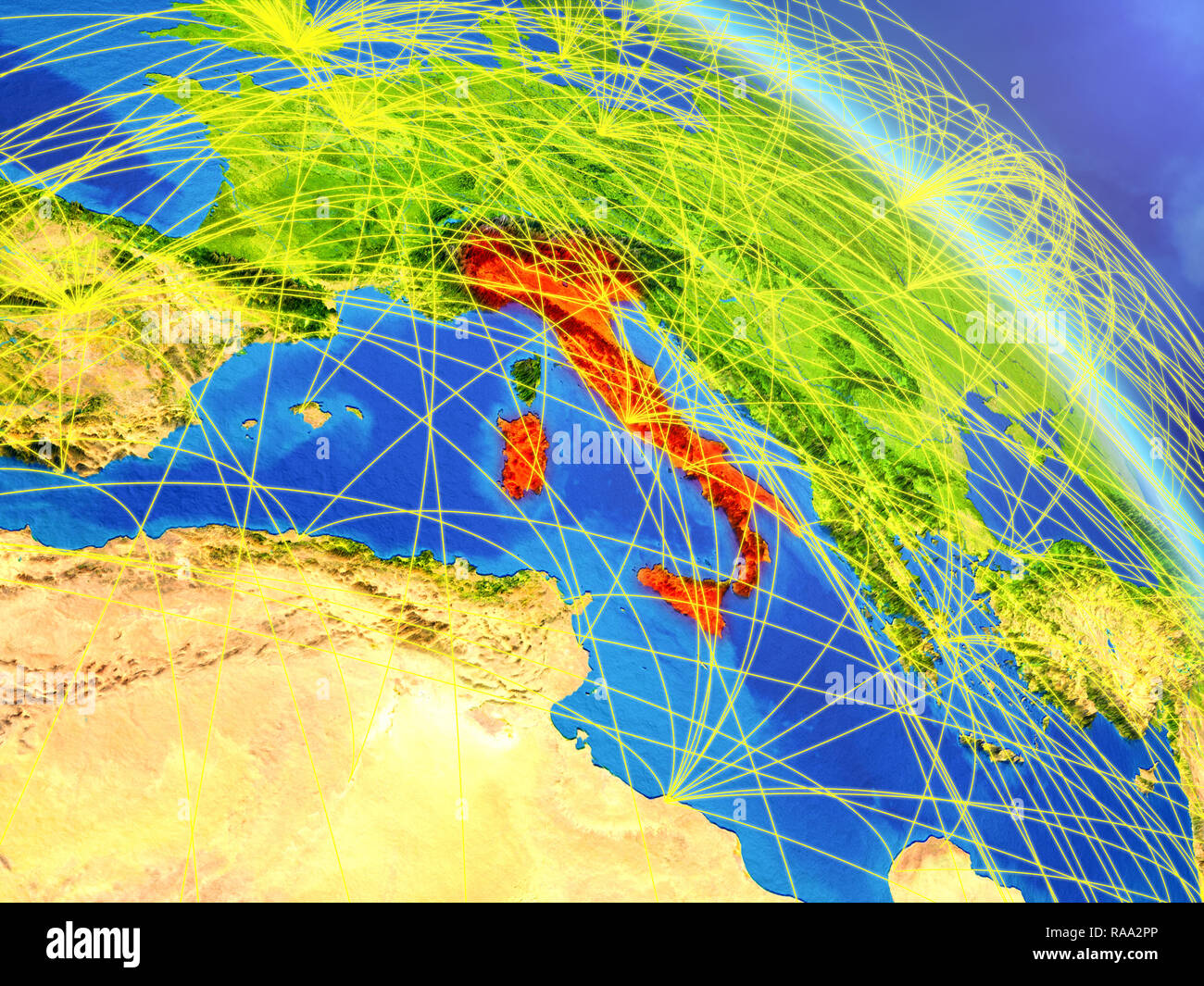 Italy from space on model of planet Earth with network. Concept of ...