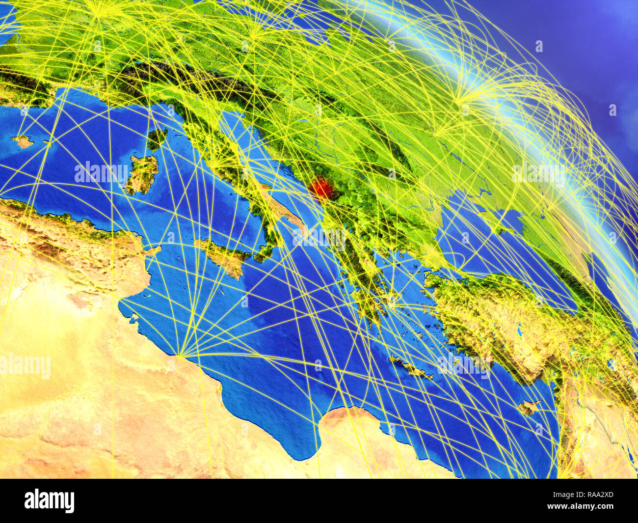 Montenegro from space on model of planet Earth with network. Concept of ...