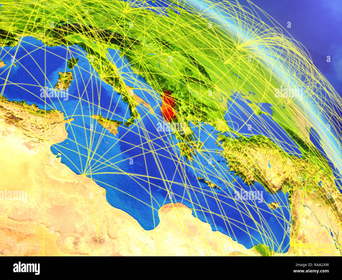 Albania from space on model of planet Earth with network. Concept of ...