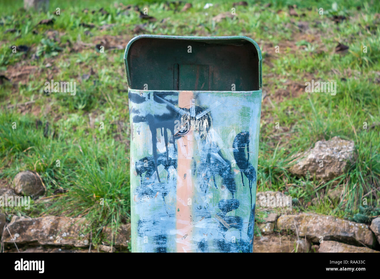 metal trash bin, wastebasket in a suburban park Stock Photo - Alamy