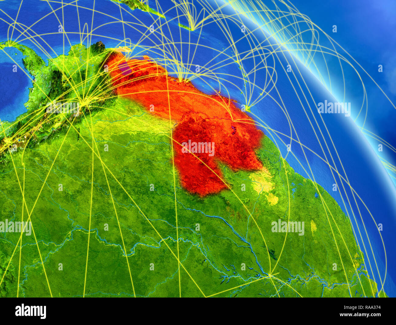 Venezuela from space on model of planet Earth with network. Concept of ...