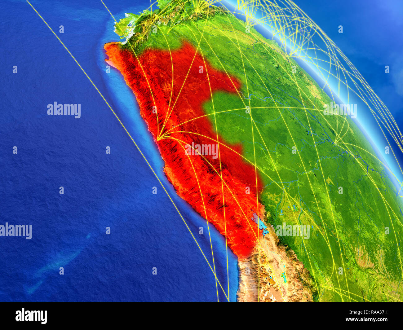 Peru from space on model of planet Earth with network. Concept of ...