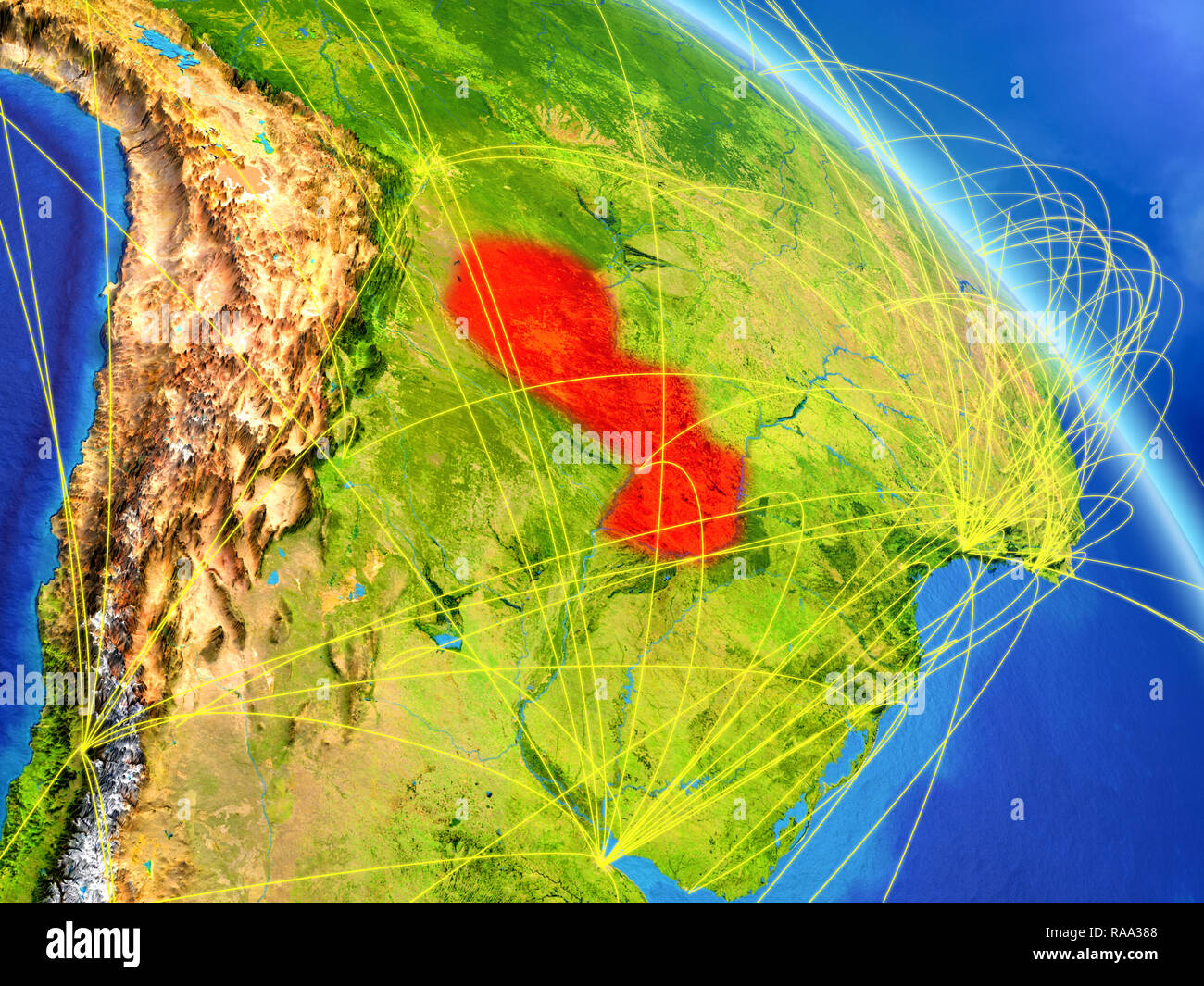 Paraguay from space on model of planet Earth with network. Concept of ...