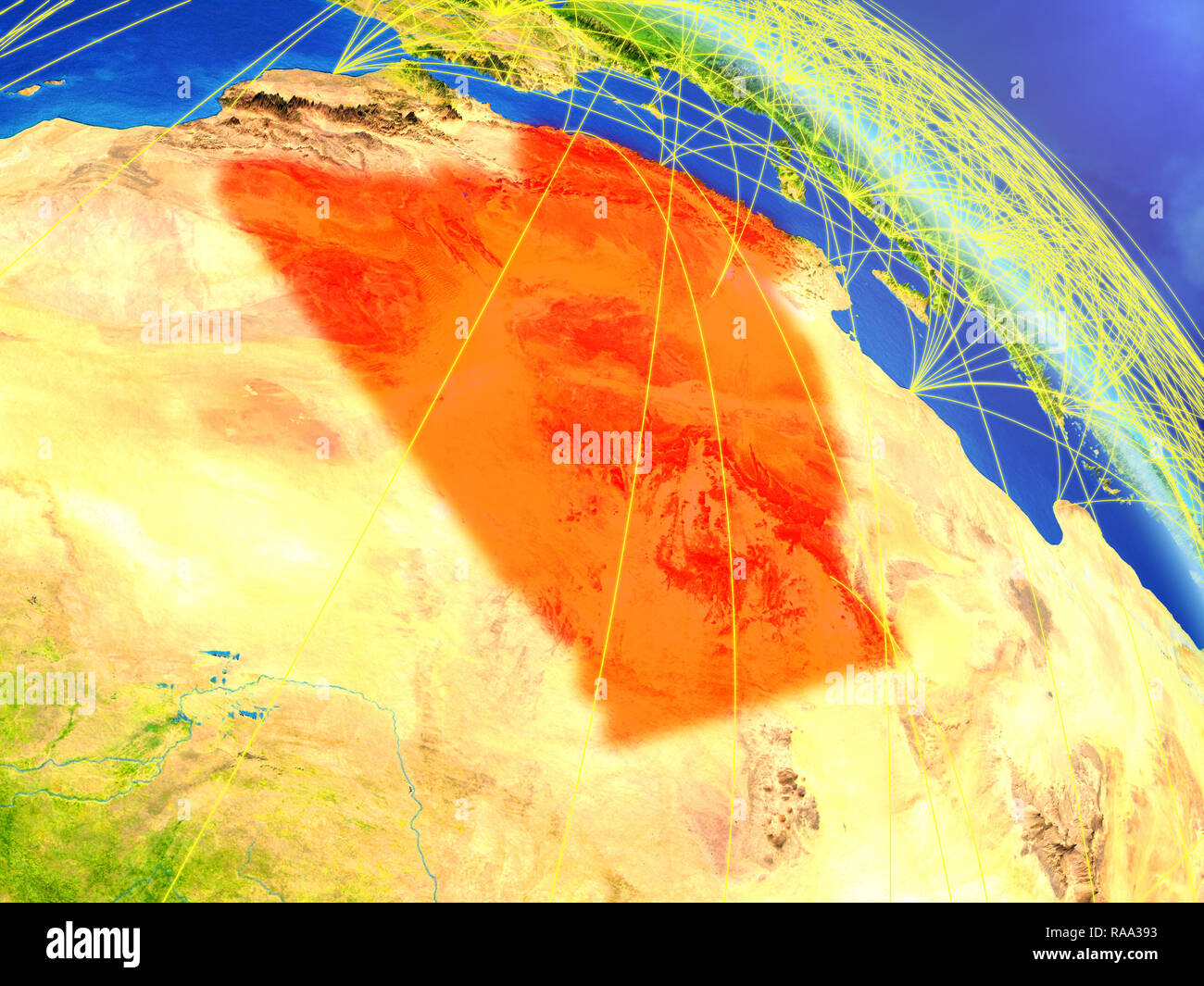 Algeria from space on model of planet Earth with network. Concept of ...