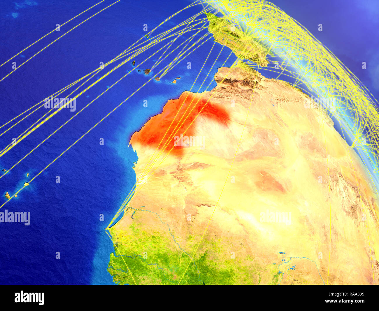 Western Sahara from space on model of planet Earth with network ...