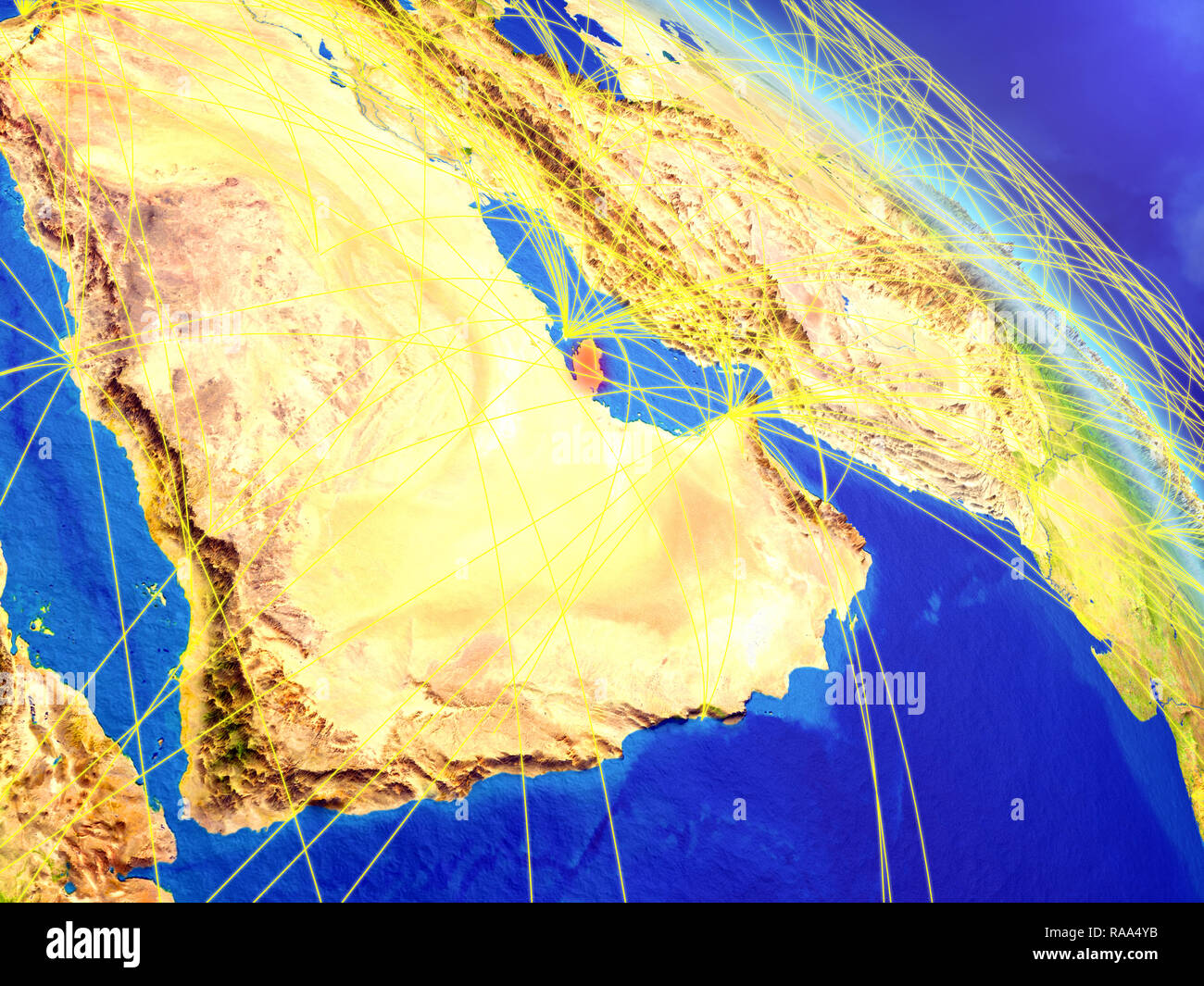 Qatar from space on model of planet Earth with network. Concept of ...