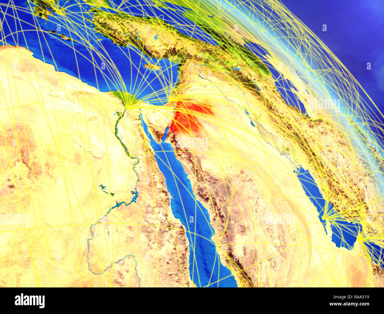 Jordan from space on model of planet Earth with network. Concept of ...