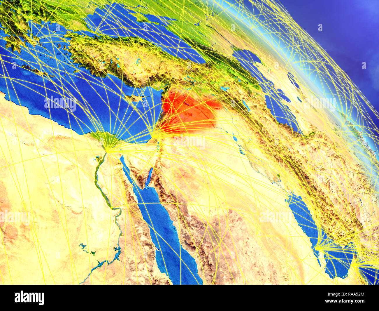 Syria from space on model of planet Earth with network. Concept of ...
