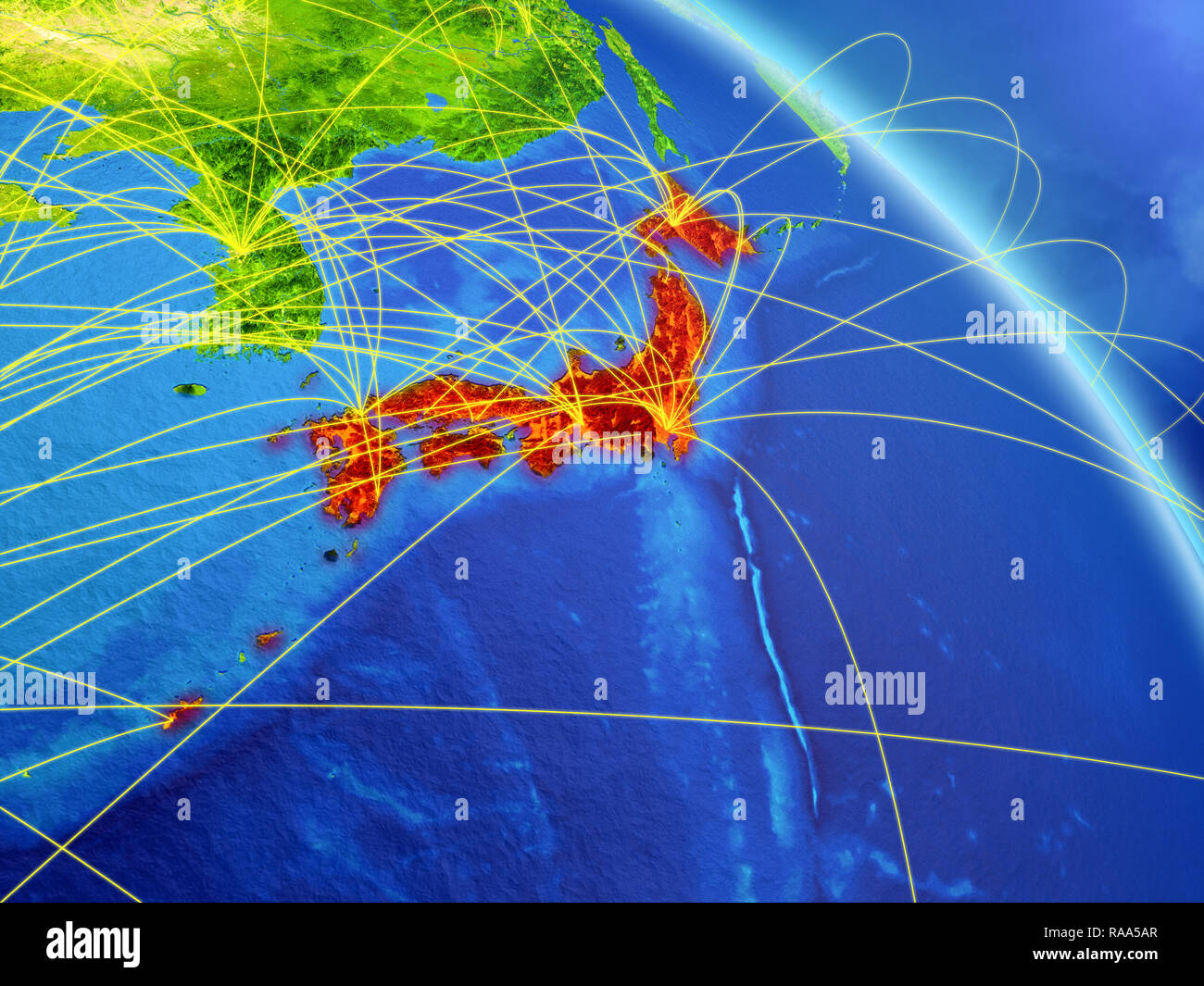 Japan from space on model of planet Earth with network. Concept of ...