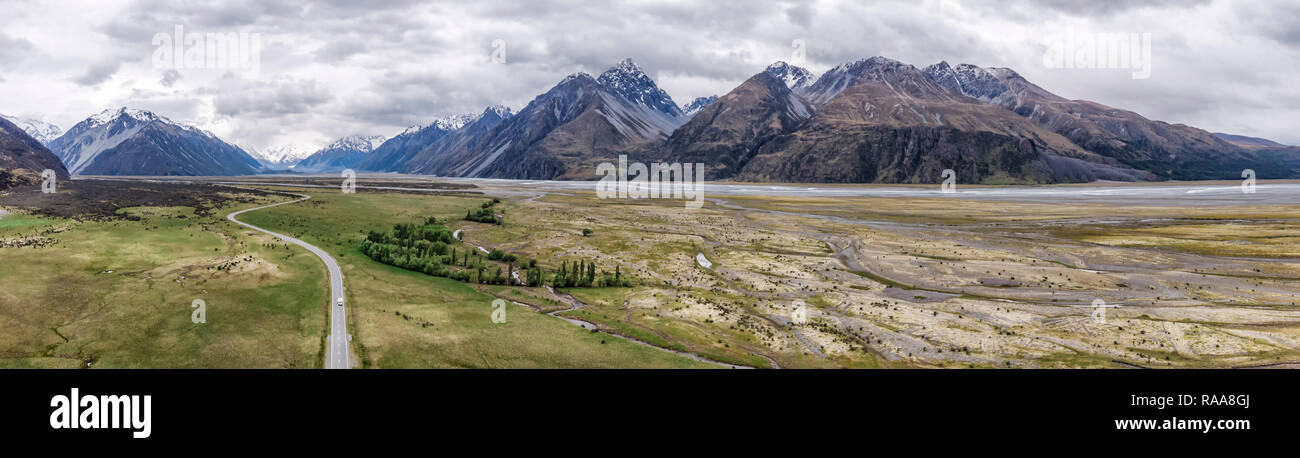 Mount Cook Road drone aereo view, New Zealand, South Island, NZ Stock ...