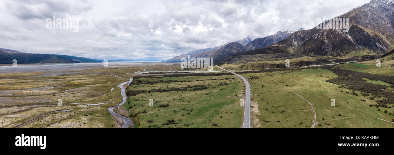 Mount Cook Road drone aereo view, New Zealand, South Island, NZ Stock ...