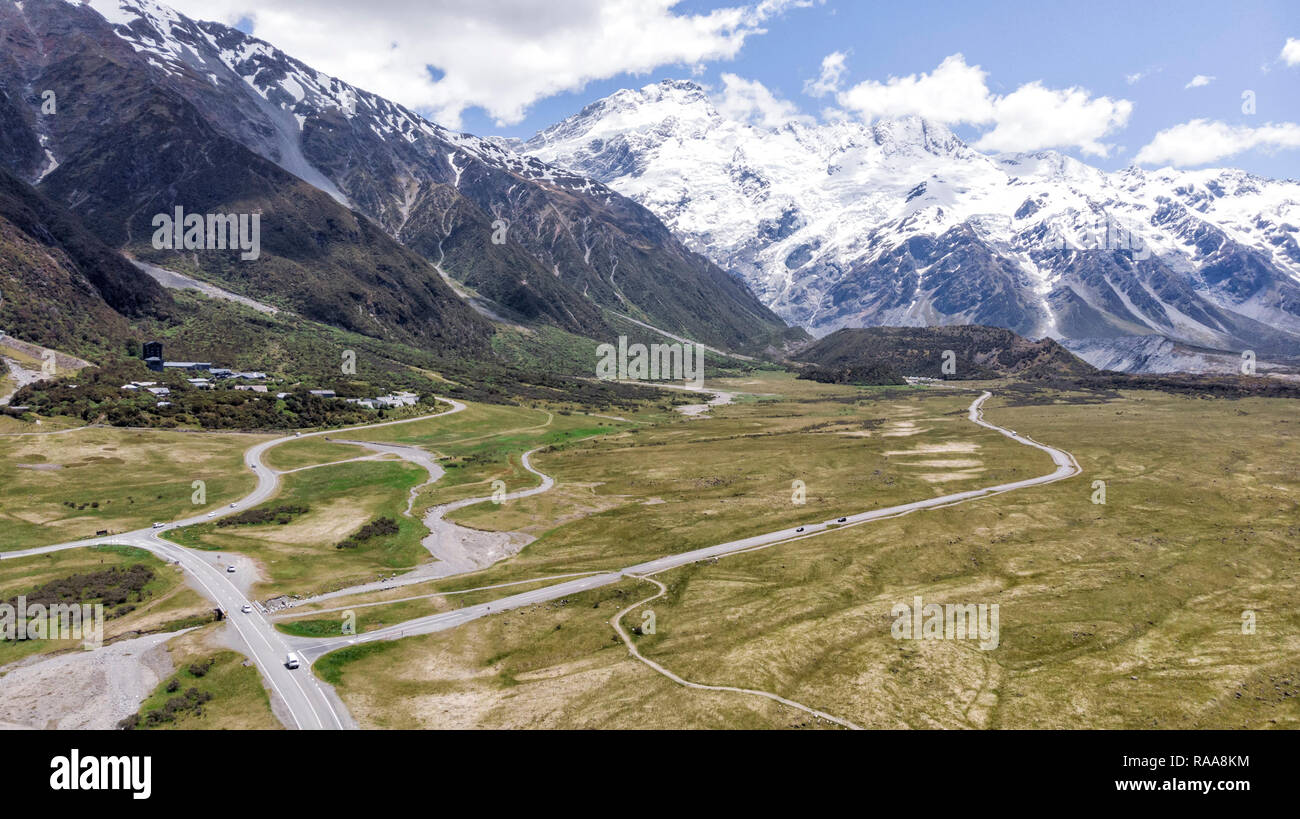 Mount Cook Road drone aereo view, New Zealand, South Island, NZ Stock ...