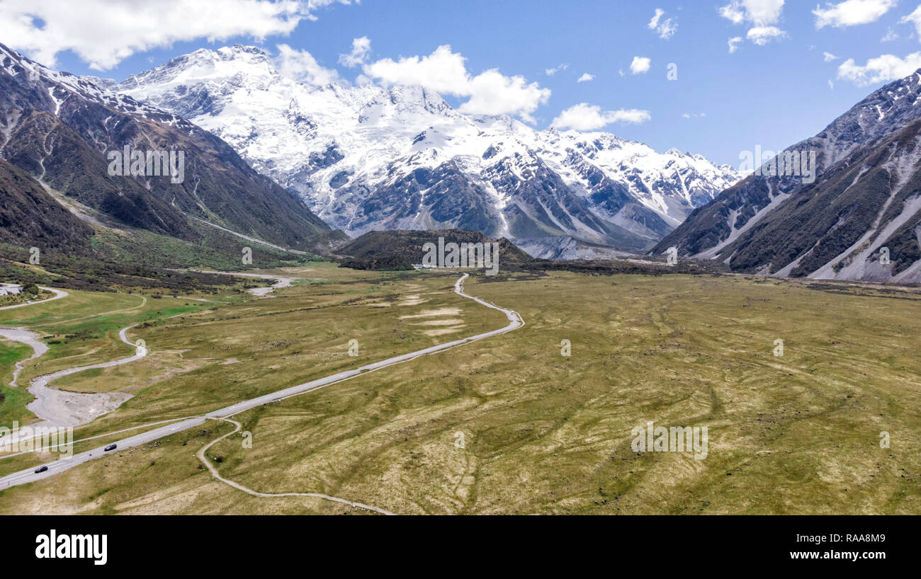 Mount Cook Road drone aereo view, New Zealand, South Island, NZ Stock ...