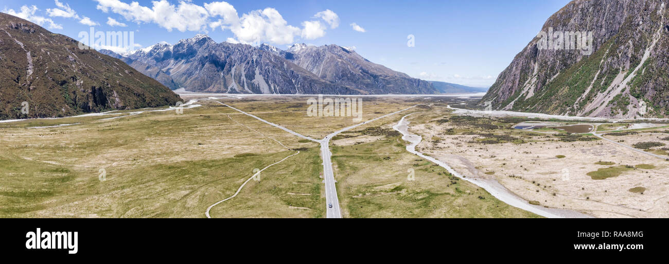 Mount Cook Road drone aereo view, New Zealand, South Island, NZ Stock ...