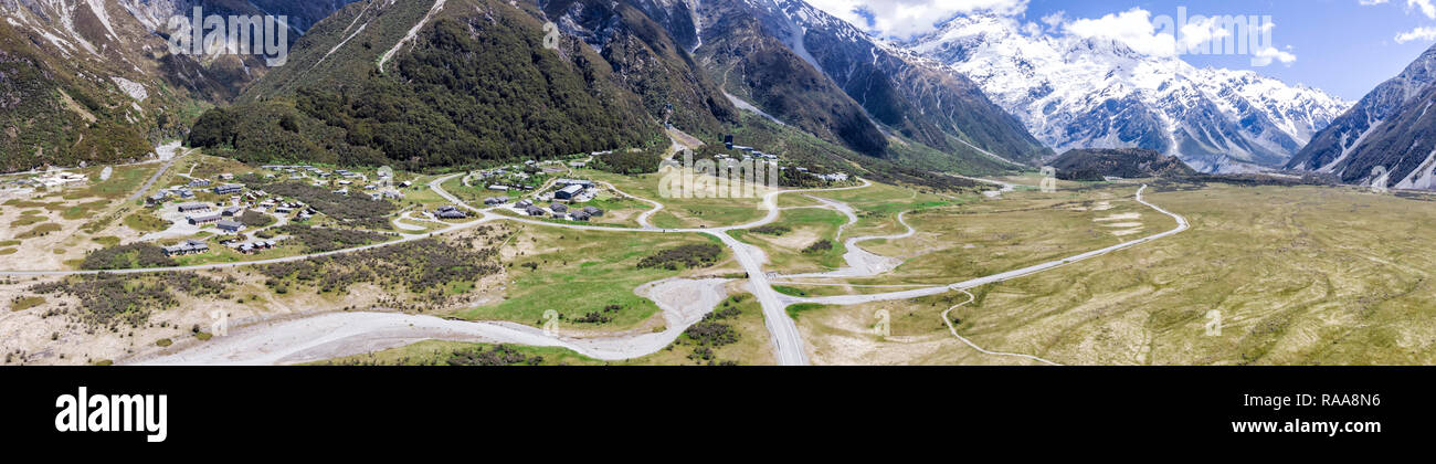 Mount Cook Road drone aereo view, New Zealand, South Island, NZ Stock ...