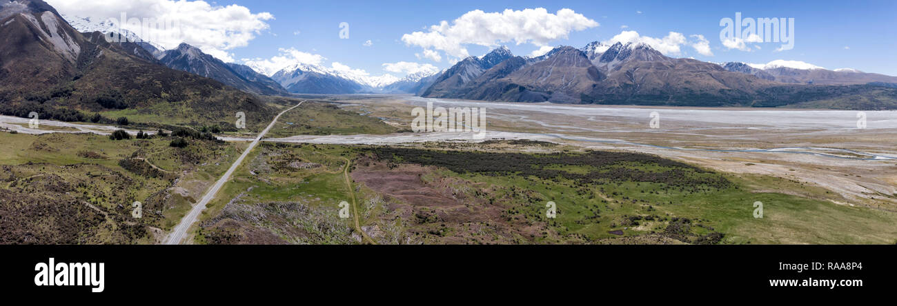 Mount Cook Road drone aereo view, New Zealand, South Island, NZ Stock ...
