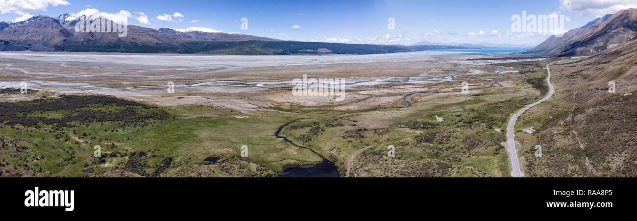 Mount Cook Road drone aereo view, New Zealand, South Island, NZ Stock ...