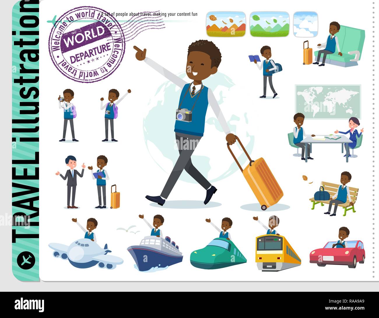 A set of school boy on travel.There are also vehicles such as boats and ...