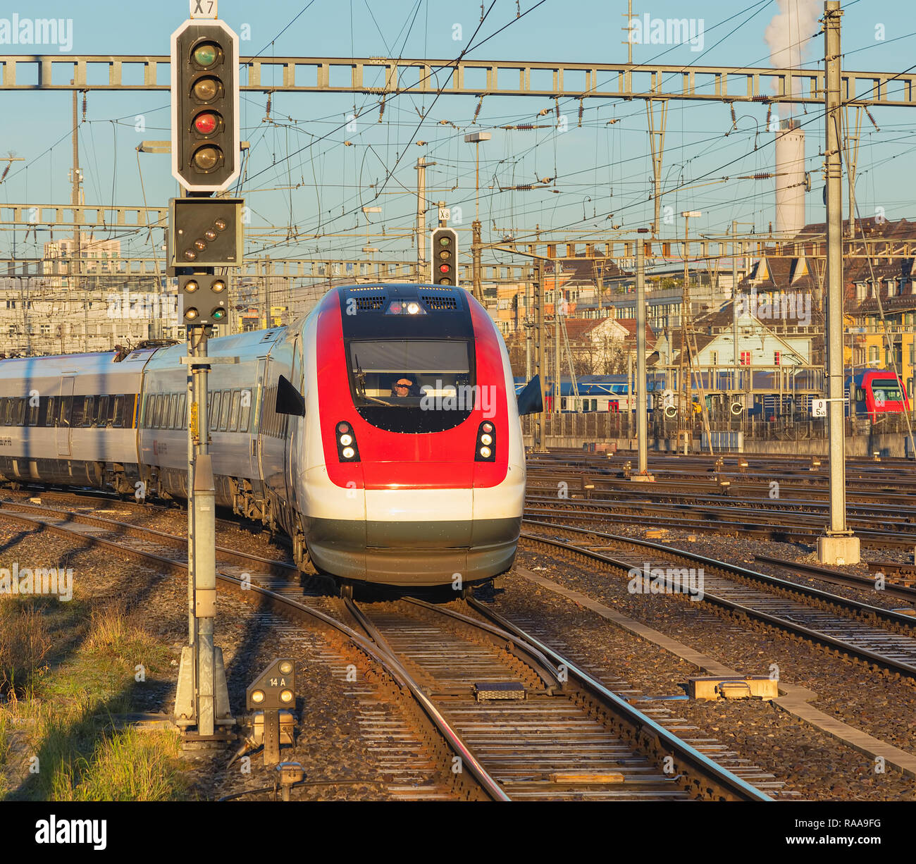Zurich, Switzerland - January 25, 2016: a passenger train arriving to ...