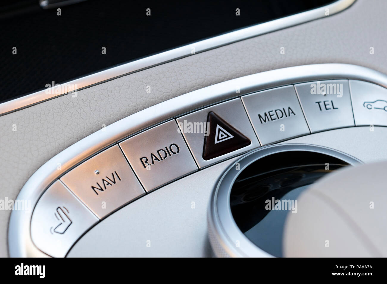 Media and navigation control buttons of a Modern car. Car interior ...