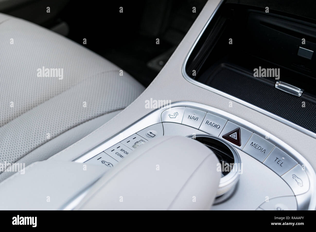 Media and navigation control buttons of a Modern car. Car interior ...