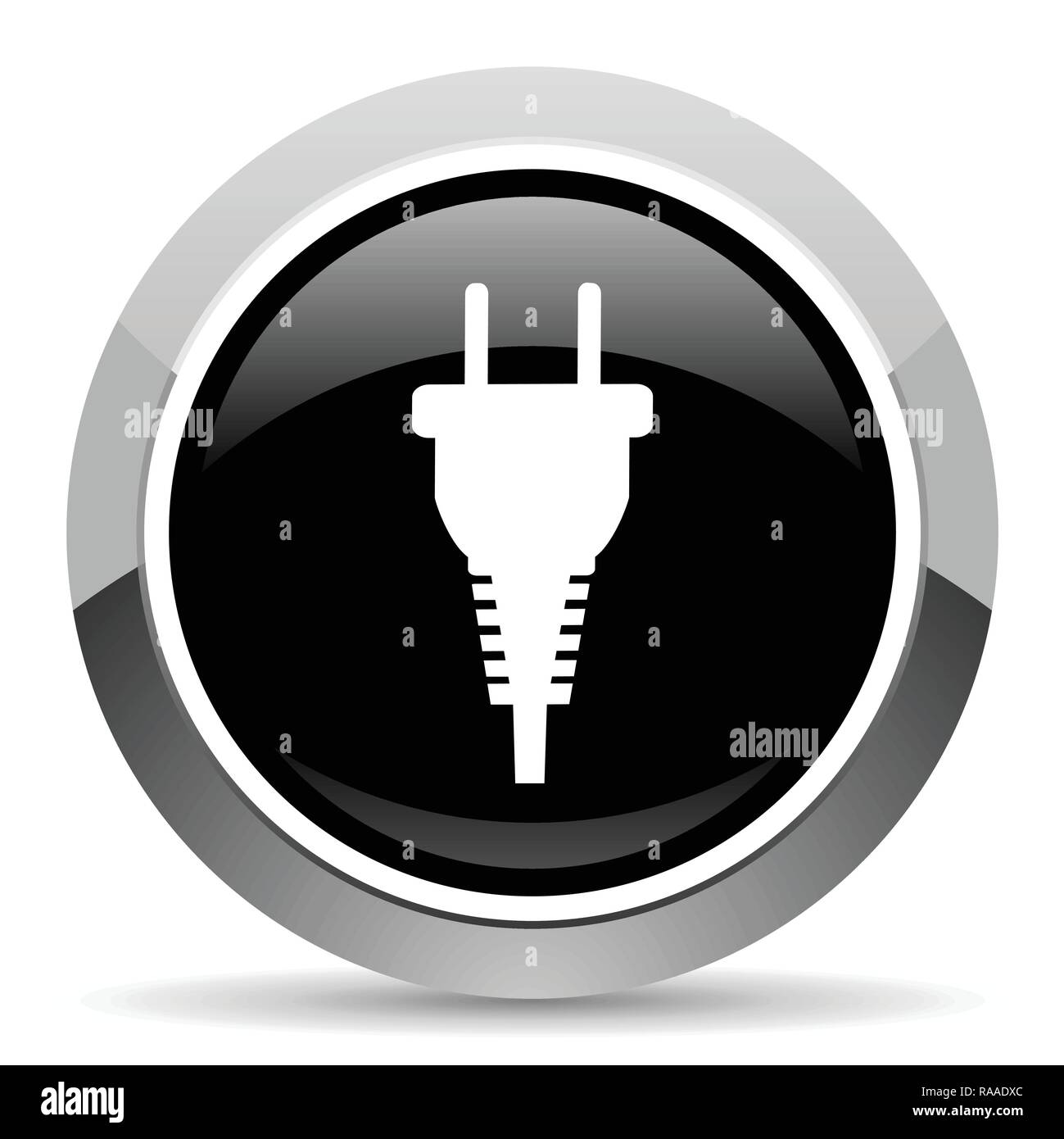 Plug vector steel icon. Chrome border round web button. Silver metallic ...