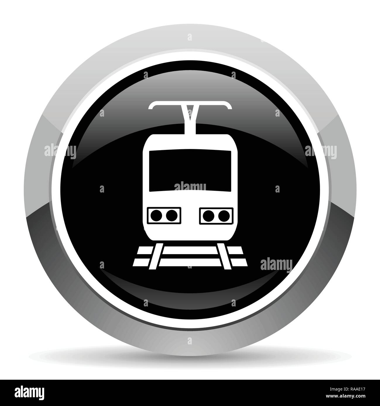 Train vector steel icon. Chrome border round web button. Silver ...