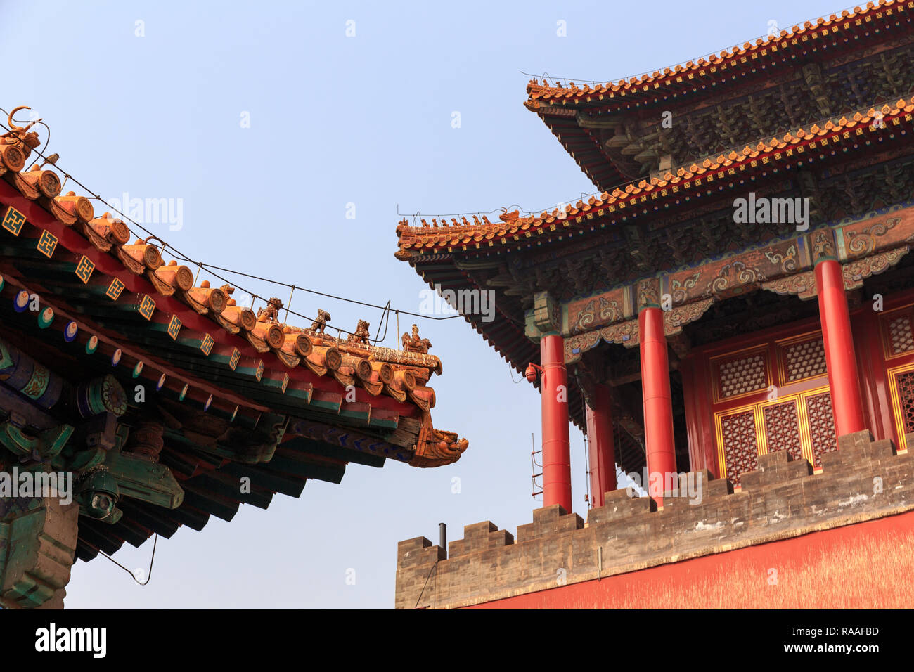 View up at Chinese guard tower at the Forbidden City in Beijing, China ...