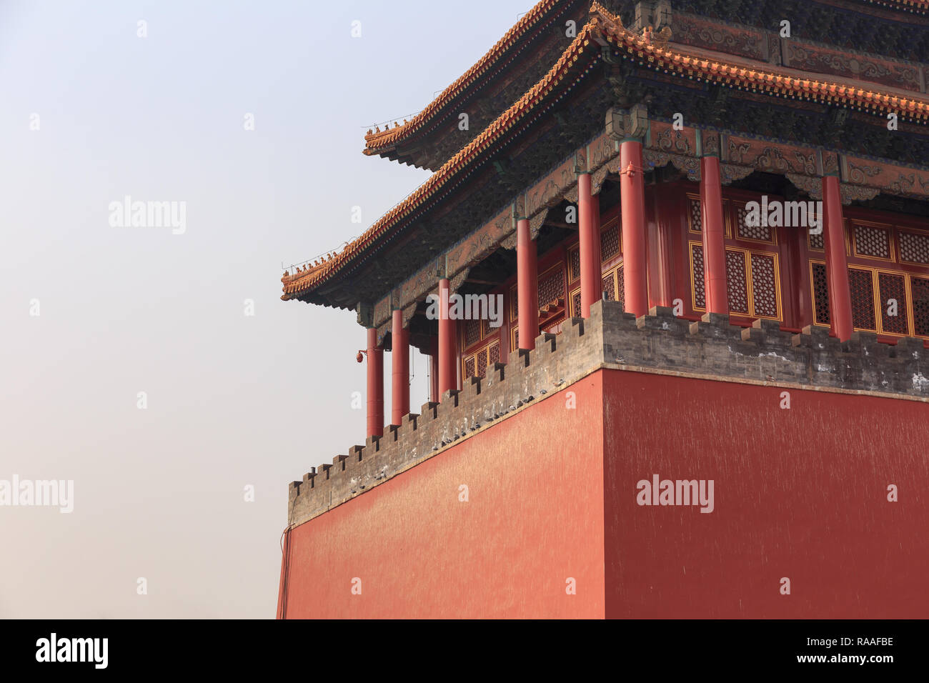 View up at Chinese guard tower at the Forbidden City in Beijing, China ...