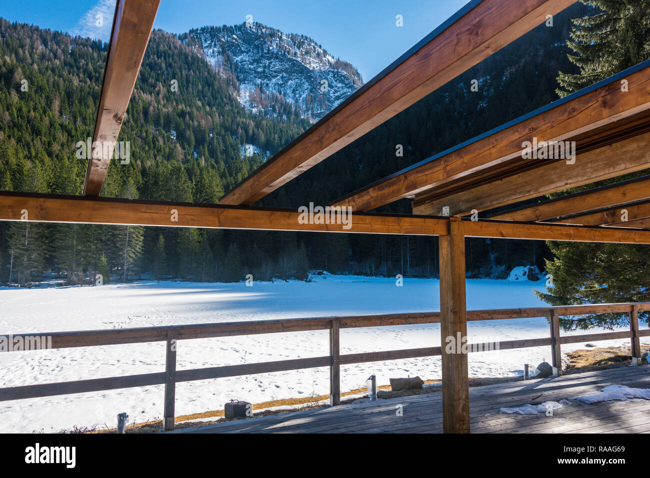 Lago dei Caprioli (Lake Roe deer) under the snow. Mountain view from ...