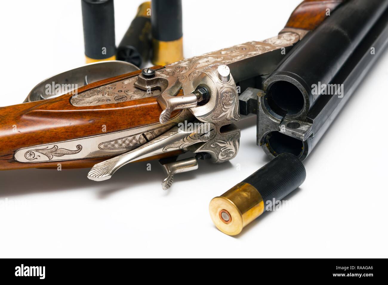 trigger of old-fashioned classic style rifle made of silver with ...