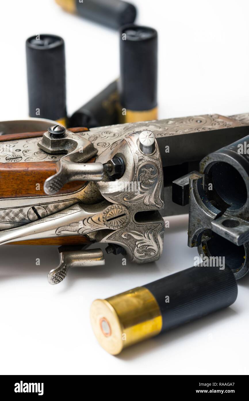 trigger of old-fashioned classic style rifle made of silver with ...