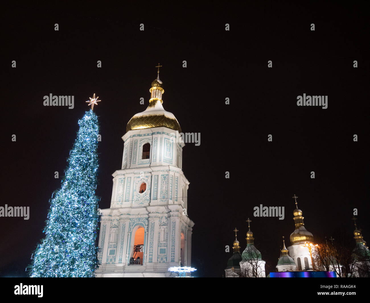 KYIV, UKRAINE - DECEMBER 30, 2018: Christmas tree at St. Sophia square ...